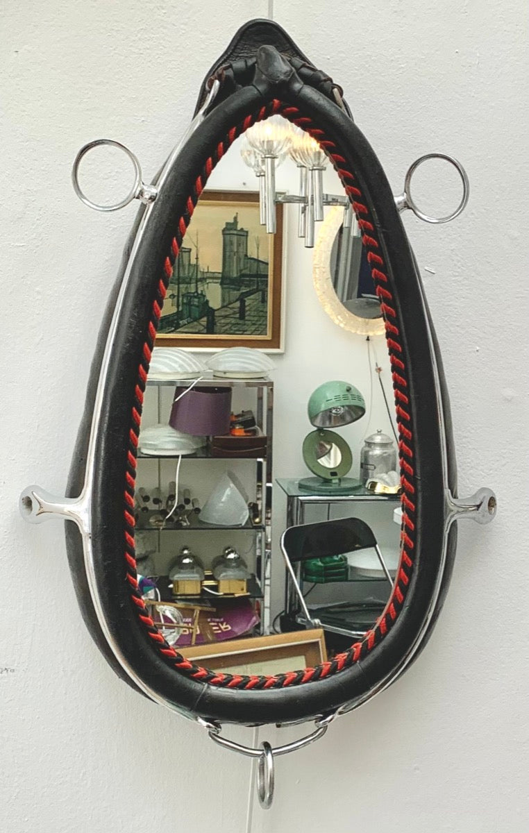 Vintage French Leather & Chrome Horse Collar Mirror – retro living uk