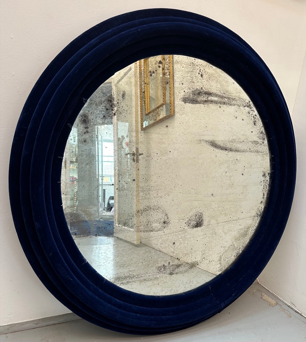 Large Antiqued Glass Blue Velvet Wall Mirror – retro living uk
