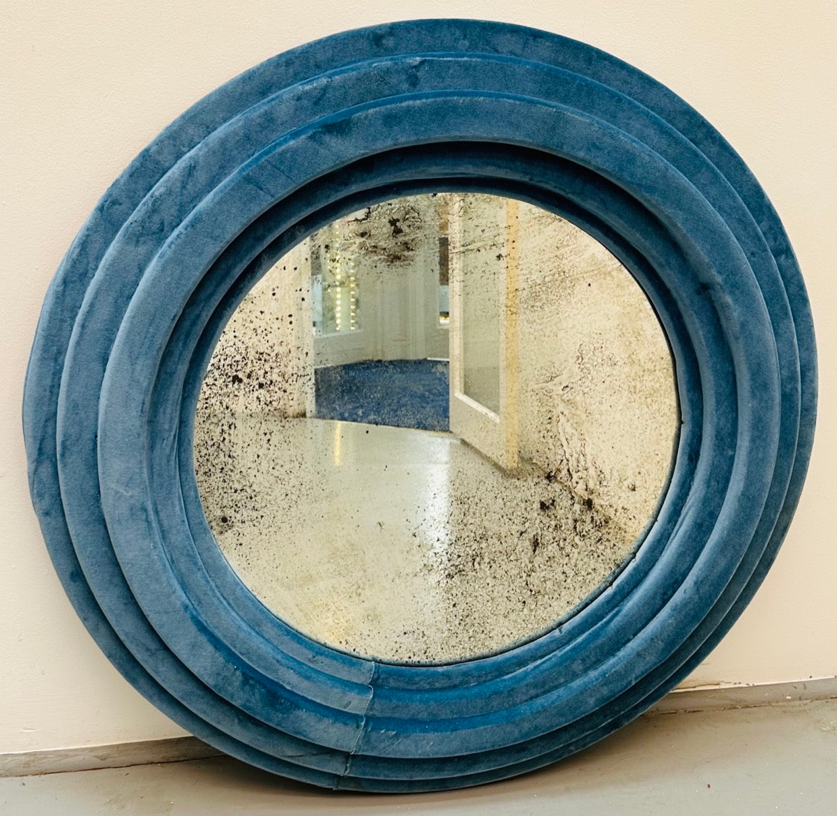 Antiqued Glass Round Pale Blue Velvet Wall Mirror – retro living uk