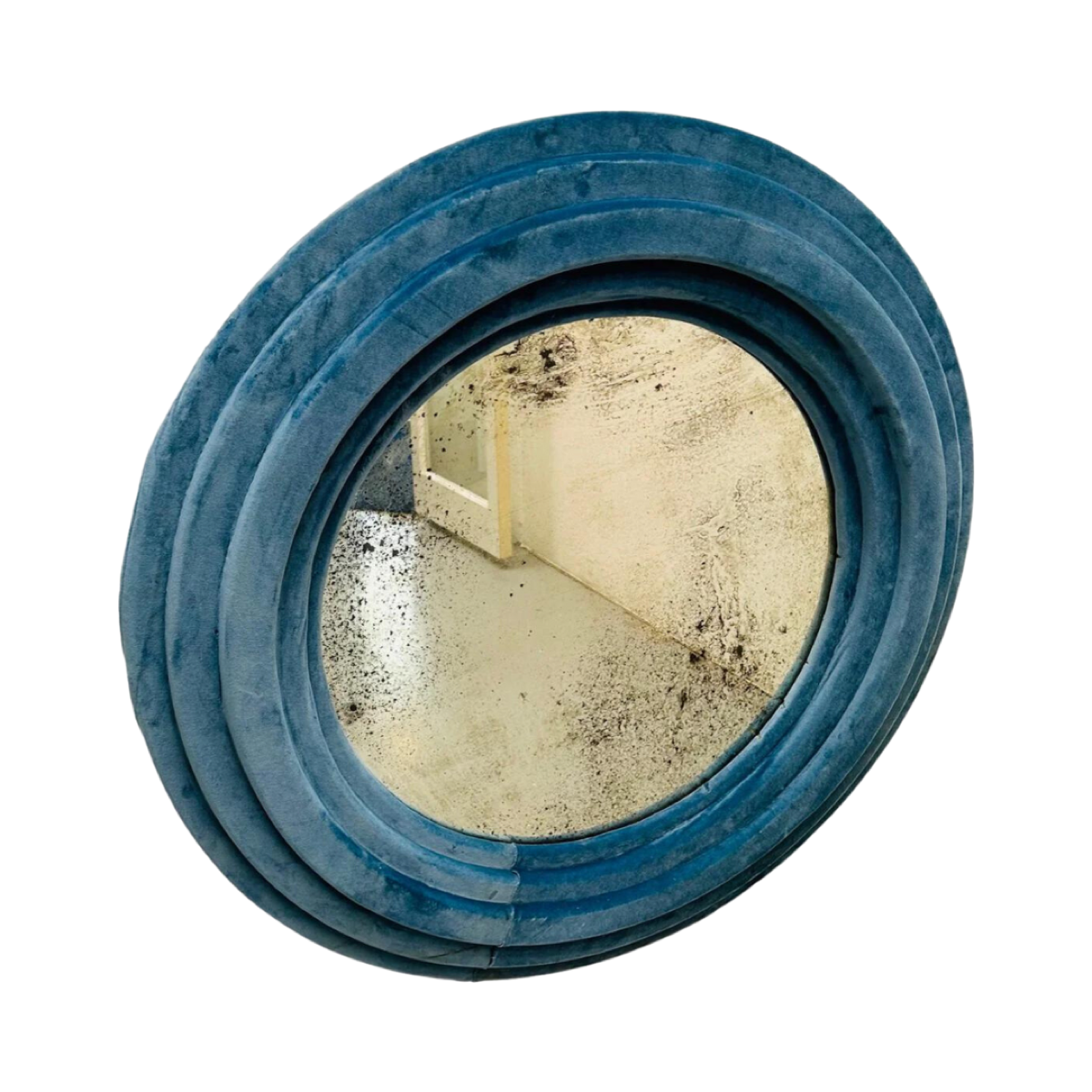 Antiqued Glass Round Pale Blue Velvet Wall Mirror – retro living uk
