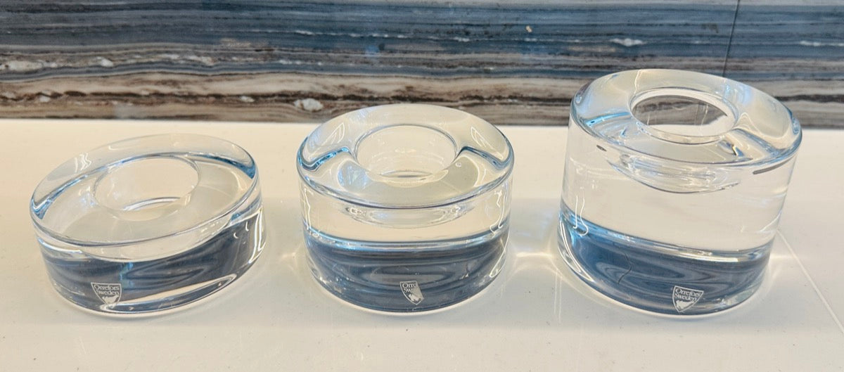 Set of 3 Swedish Orrefors "Puck" Crystal Candle Holders – retro living uk